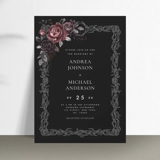 Gothic Floral Frame Dark Goth Halloween Wedding Invitation | Zazzle