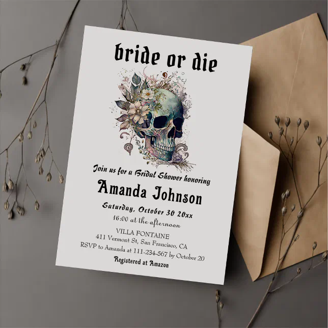 Gothic Floral Skull Bride or Die Bridal Shower Invitation | Zazzle