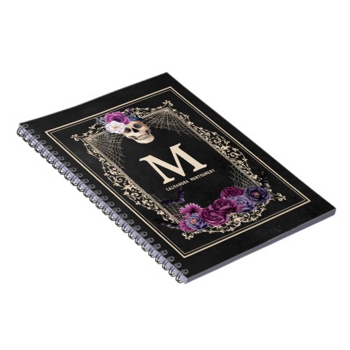 Gothic Floral Skull Custom Monogram & Name Black Notebook | Zazzle