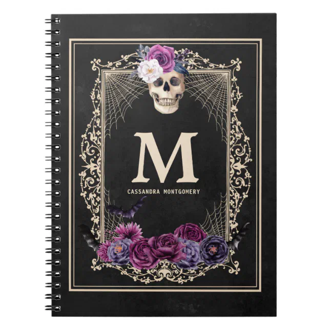 Gothic Floral Skull Custom Monogram & Name Black Notebook | Zazzle