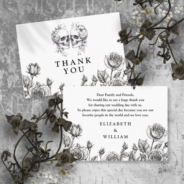 Gothic Floral Skulls Wedding Thank You Place Card | Zazzle
