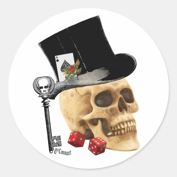 Gothic gambler skull tattoo design classic round sticker | Zazzle
