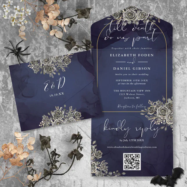 Gothic Gold Arch Black Roses QR Code Wedding All In One Invitation | Zazzle