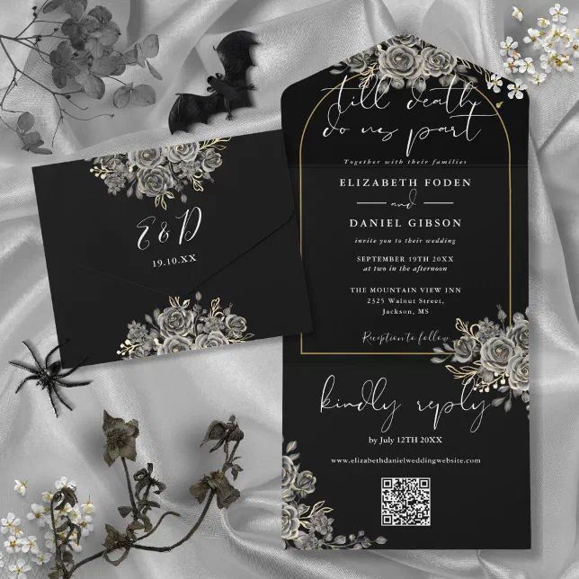 Gothic Gold Arch Black Roses QR Code Wedding All In One Invitation | Zazzle