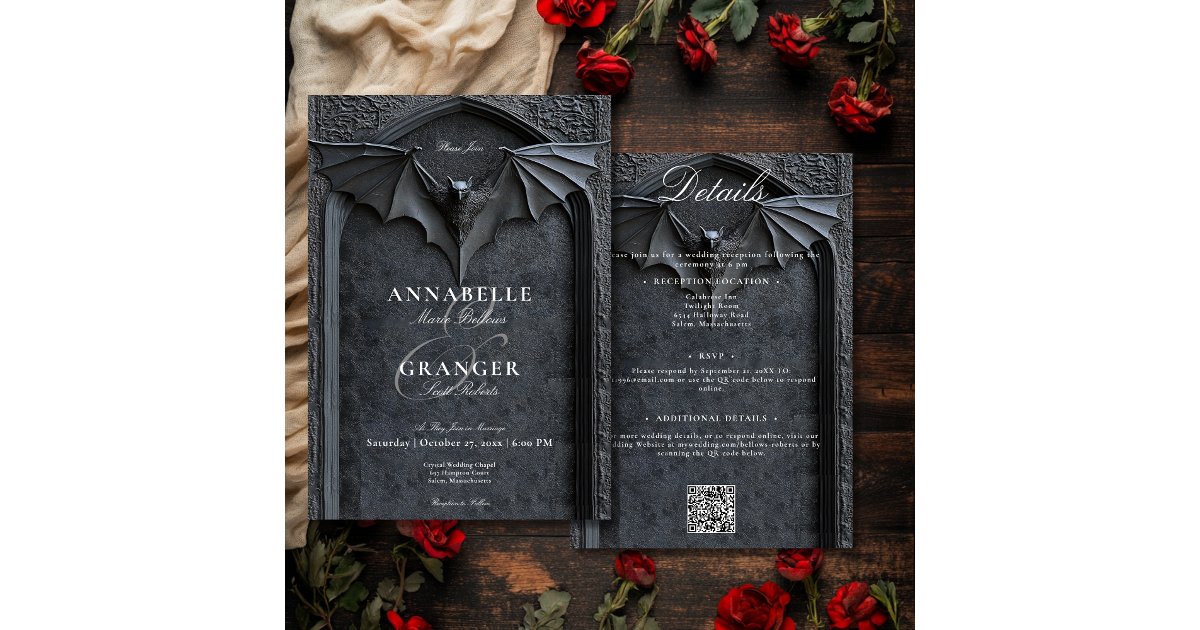 Gothic Halloween Black Bat & Arch Two Side Details Invitation | Zazzle