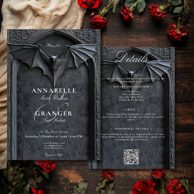 Gothic Halloween Black Bat & Arch Two Side Details Invitation | Zazzle