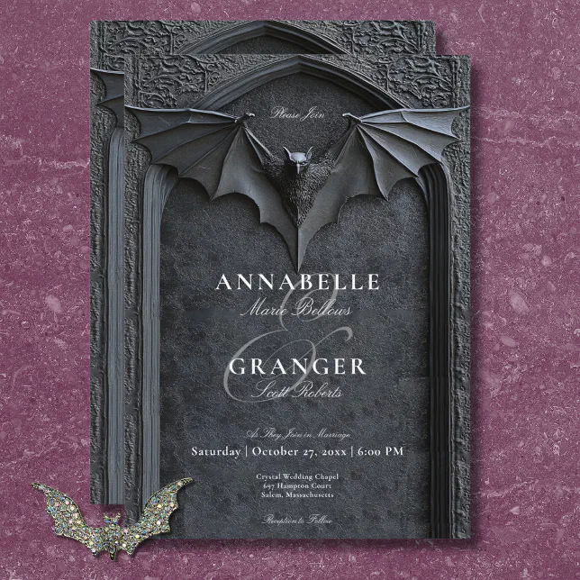 Gothic Halloween Black Bat & Arch Wedding Invitation | Zazzle