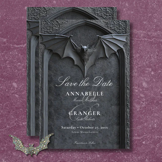Gothic Halloween Black Bat & Arch Wedding Save The Date | Zazzle