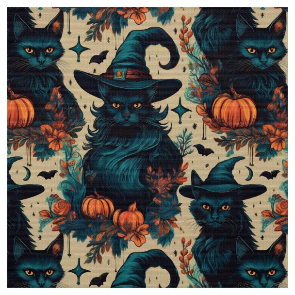 Whimsical Halloween Cauldron and Cats Pattern Fabric | Zazzle