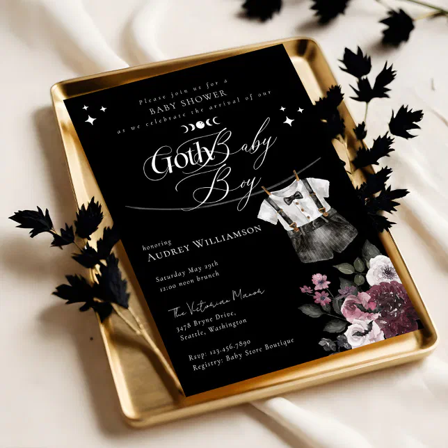 Gothic Halloween Black Formal Goth Boy Baby Shower Invitation | Zazzle