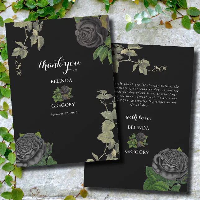 Gothic Halloween Black Roses Wedding Thank You Card | Zazzle
