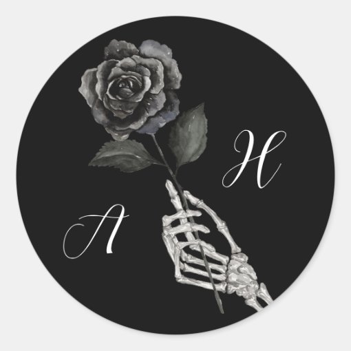 Gothic Halloween Black Wedding Skeleton Hand Rose Classic Round Sticker ...
