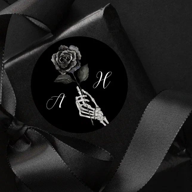 Gothic Halloween Black Wedding Skeleton Hand Rose Classic Round Sticker ...