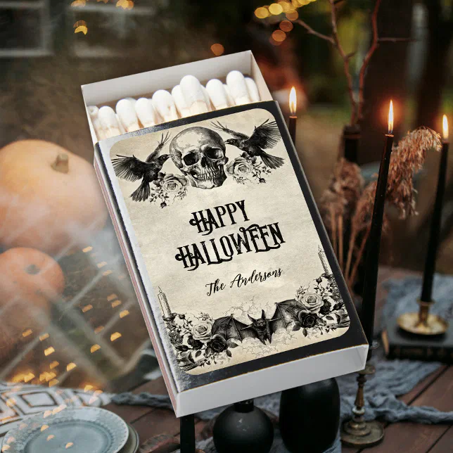 Gothic Halloween skull candle bat raven black rose Matchboxes | Zazzle