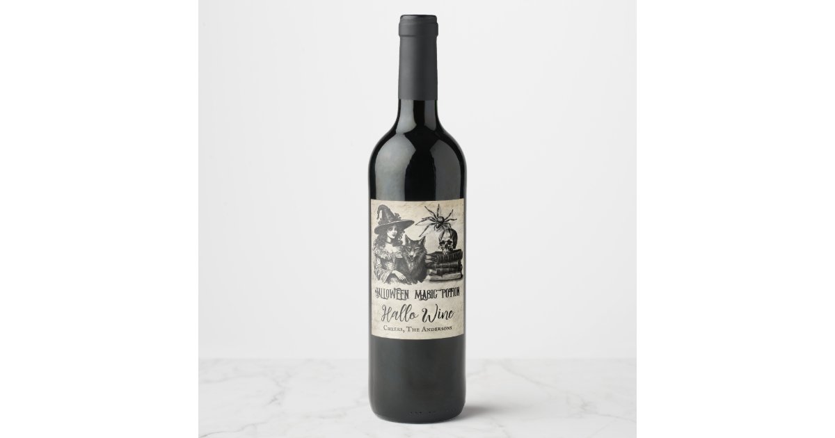 Gothic Halloween witch skull spider wolf Wine Label | Zazzle