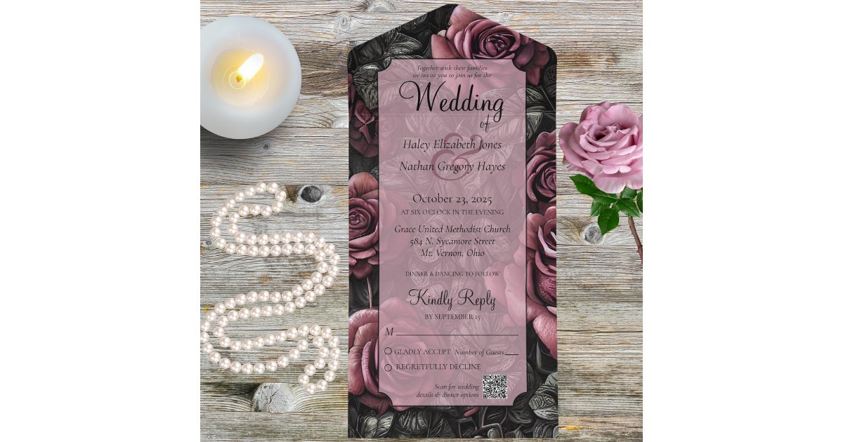 Gothic Mauve, Gray and Black Roses with QR Code All In One Invitation ...