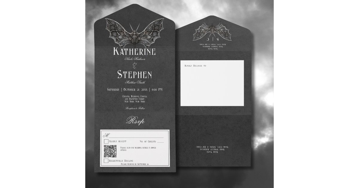 Gothic Moth Moody Black & White QR Code All In One Invitation | Zazzle
