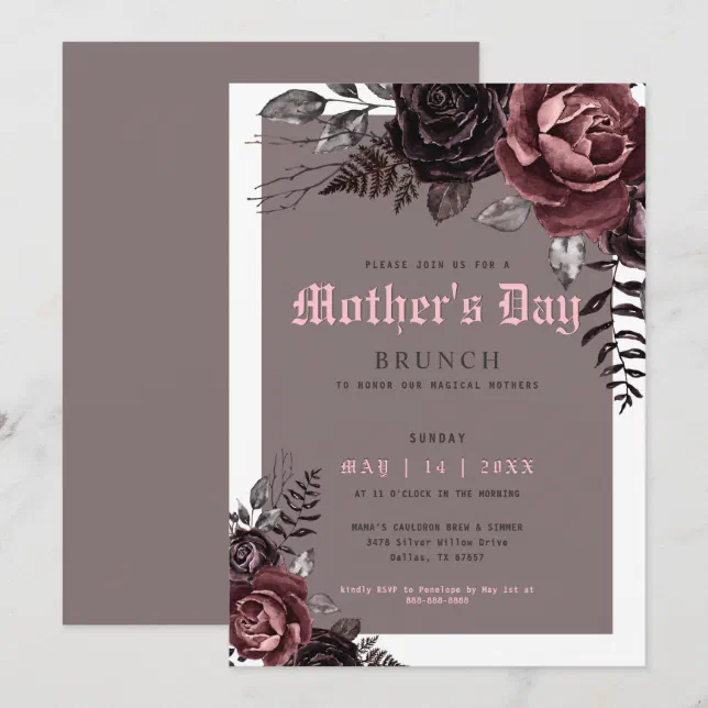 Gothic Mother's Day Brunch Burgundy Flowers Party Invitation | Zazzle