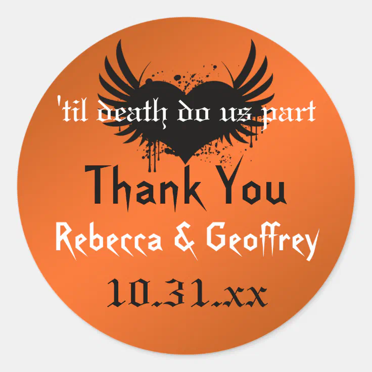 Gothic Orange, Black Winged Heart Wedding Sticker | Zazzle