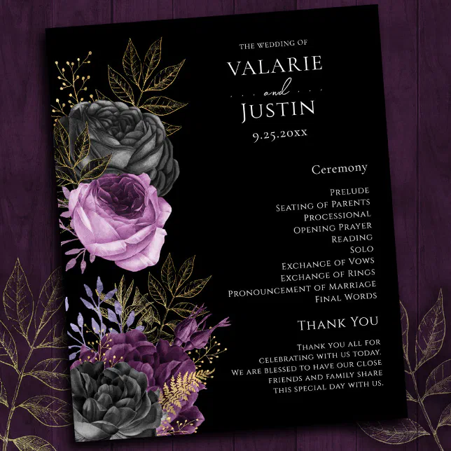 Gothic Purple and Black Floral Wedding Program | Zazzle