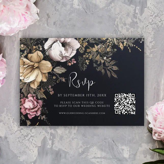 Gothic QR Code Floral Black Wedding RSVP Card | Zazzle