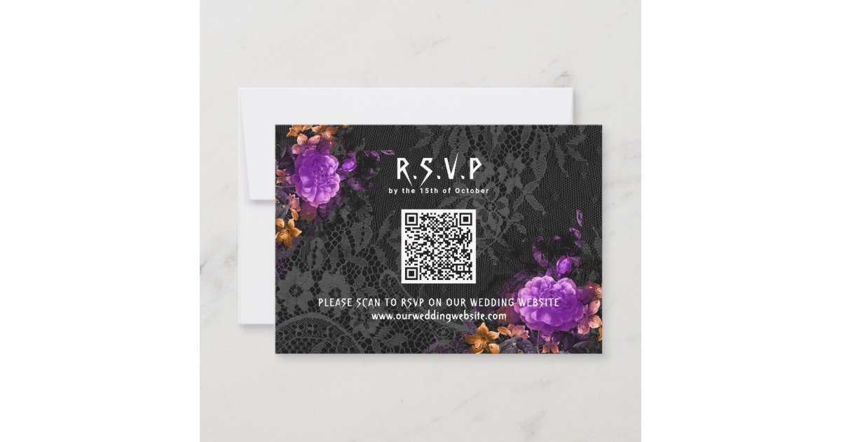 Gothic QR Code Purple Floral Halloween Wedding RSVP Card | Zazzle