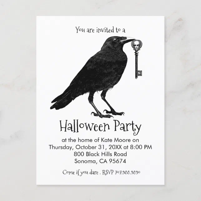 Gothic Raven Skeleton Key Halloween Party Invitation Postcard | Zazzle