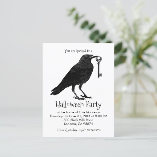 Gothic Raven Skeleton Key Halloween Party Invitation Postcard | Zazzle