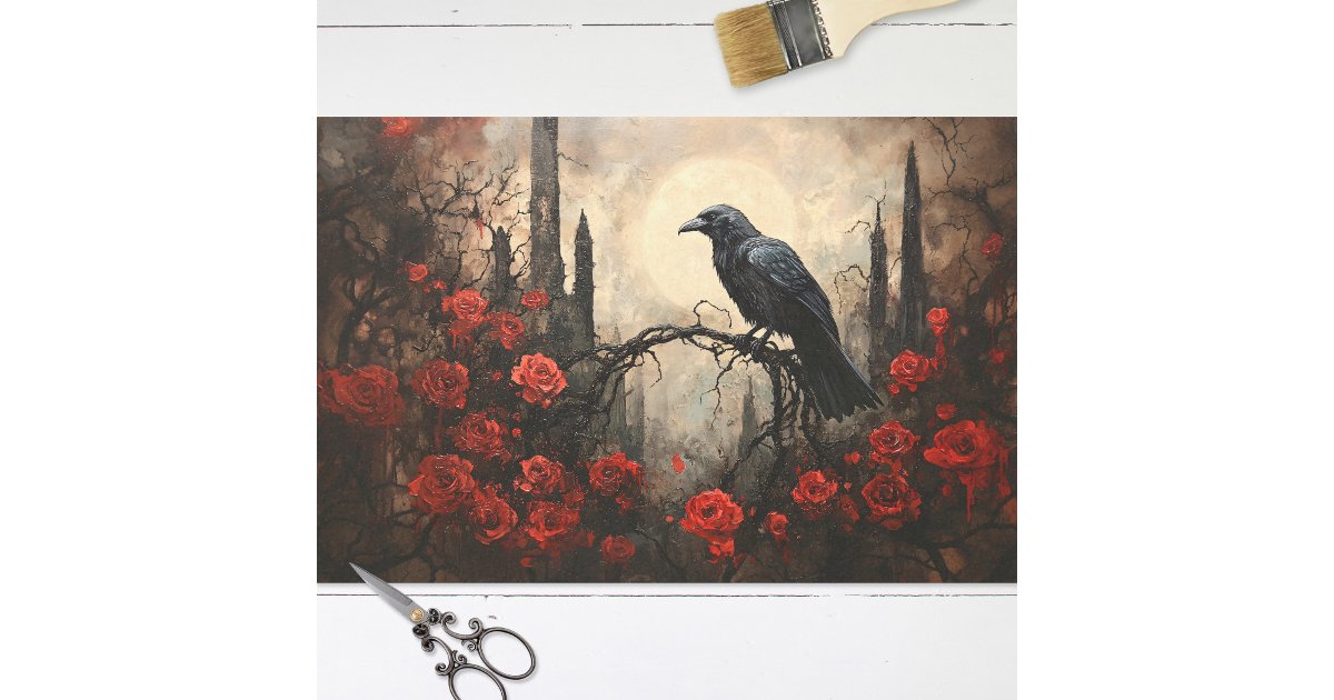 Gothic Raven with Dark Red Roses Decoupage Tissue Paper | Zazzle