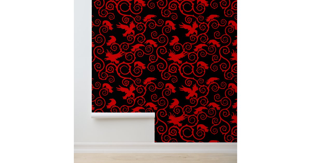 Gothic Red and Black Raven Victorian Gothic Home Wallpaper | Zazzle