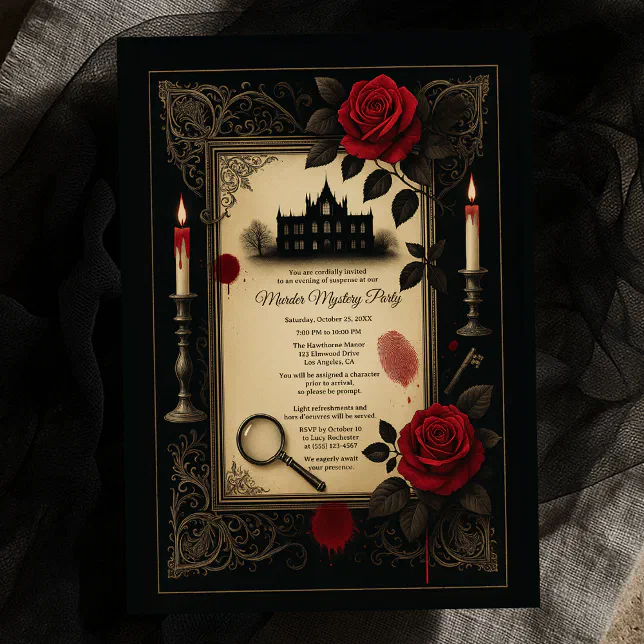 Gothic Red Rose Murder Mystery Mansion Party Invitation | Zazzle