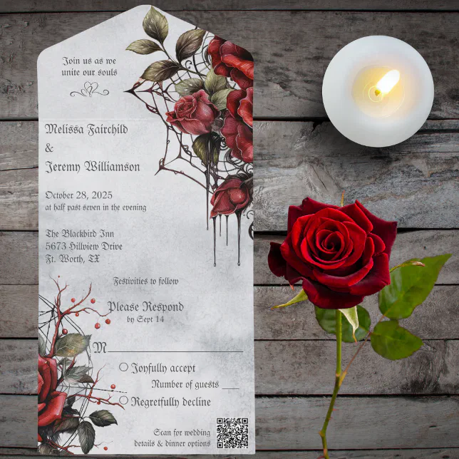 Gothic Red Roses with QR Code All In One Invitation | Zazzle