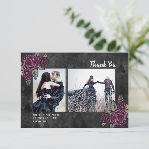 Gothic Roses 2 Photo Black Wedding Thank You Card | Zazzle