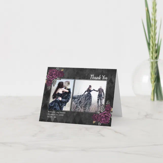 Gothic Roses 2 Photo Black Wedding Thank You Card | Zazzle