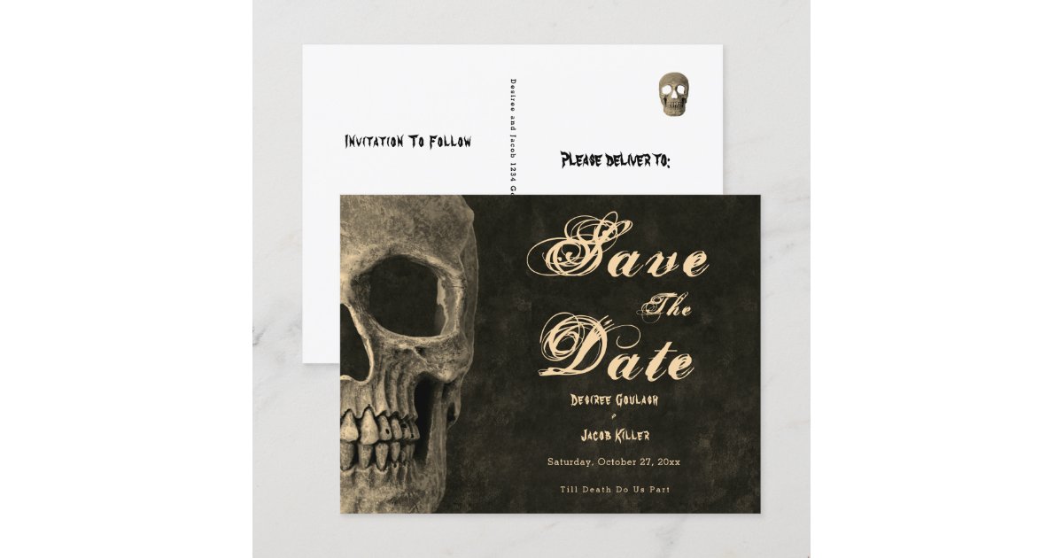 Gothic Sepia Half Skull Head Vintage Save The Date Invitation Postcard ...