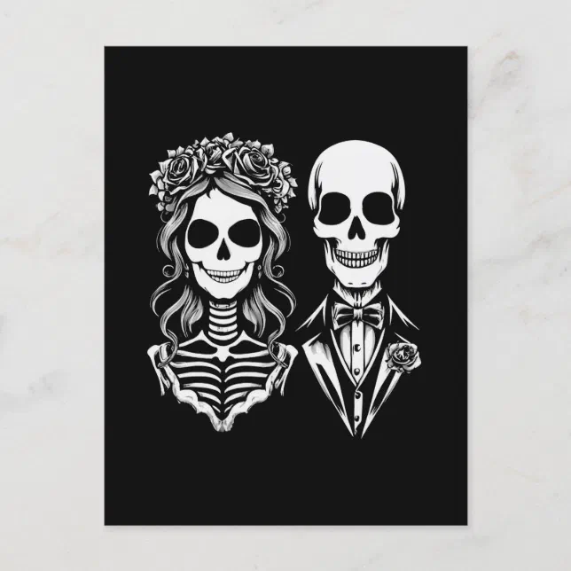 Gothic skeleton couple wedding postcard | Zazzle