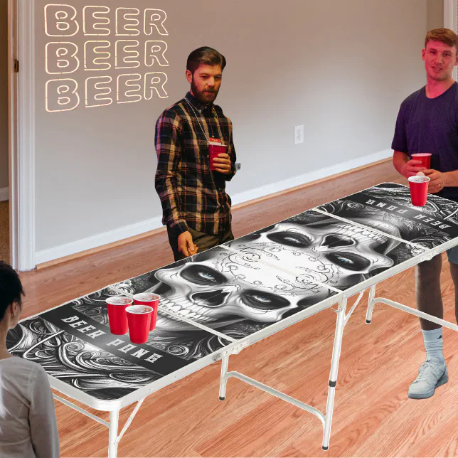 Gothic Skeleton Skull Black and White Name Beer Pong Table | Zazzle