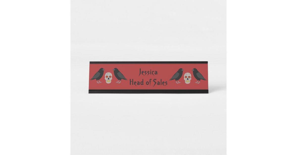 Gothic Skull and Guardian Ravens Halloween Custom Desk Name Plate | Zazzle