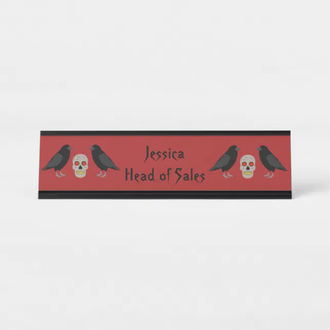 Gothic Skull and Guardian Ravens Halloween Custom Desk Name Plate | Zazzle