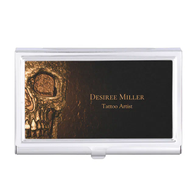 Gothic Skull Face Glowing Gold Black Tattoo Shop Business Card Case ...