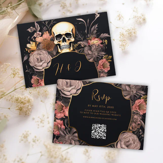 Gothic Skull Floral QR Code Wedding RSVP Card | Zazzle
