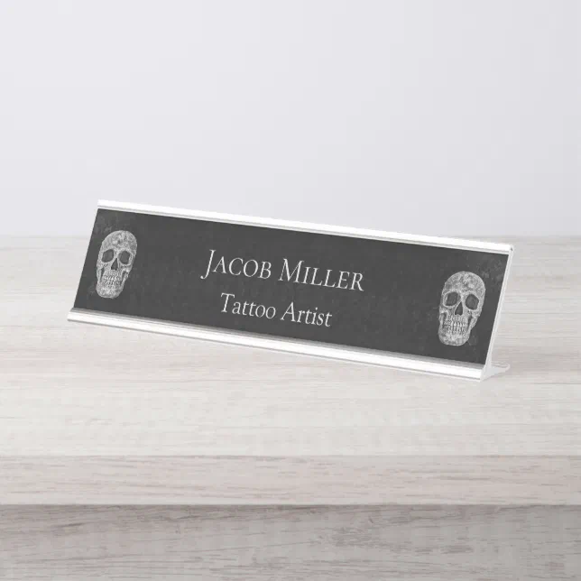 Gothic Skull Head Black And White Tattoo Artist Desk Name Plate | Zazzle