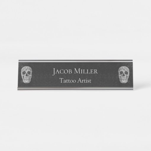Gothic Skull Head Black And White Tattoo Artist Desk Name Plate | Zazzle