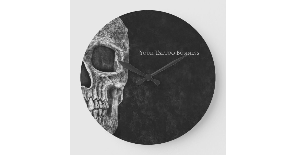 Gothic Skull Head Black And White Tattoo Shop Large Clock | Zazzle