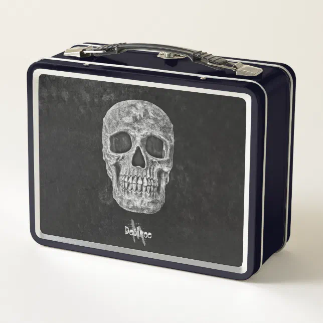 Gothic Skull Head Black White Retro Style Monogram Metal Lunch Box | Zazzle