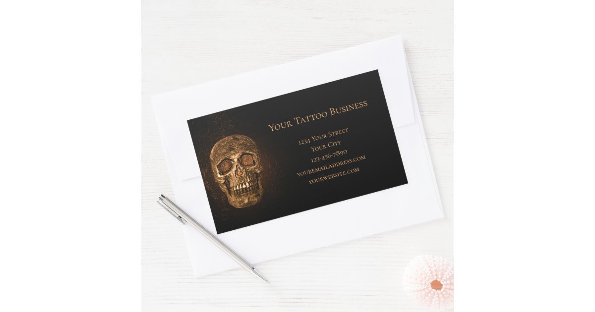Gothic Skull Head Glowing Gold Black Tattoo Shop Rectangular Sticker ...