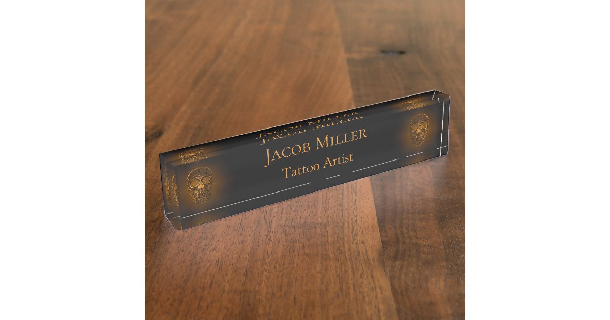 Gothic Skull Head Gold Metallic Tattoo Artist Desk Name Plate | Zazzle
