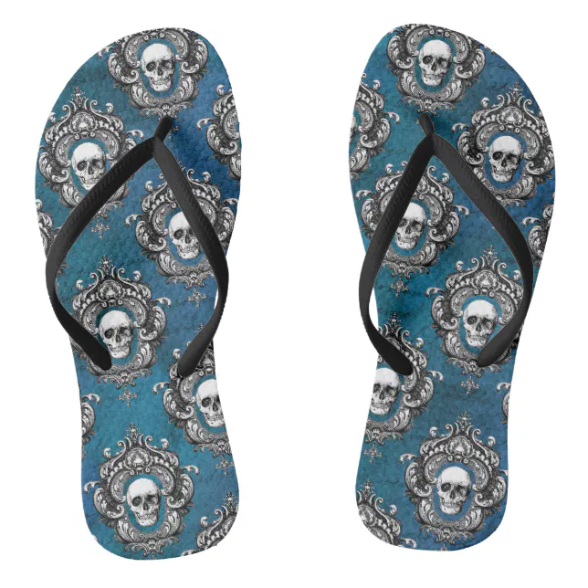 Gothic Skull Pattern on Royal Blue Flip Flops | Zazzle
