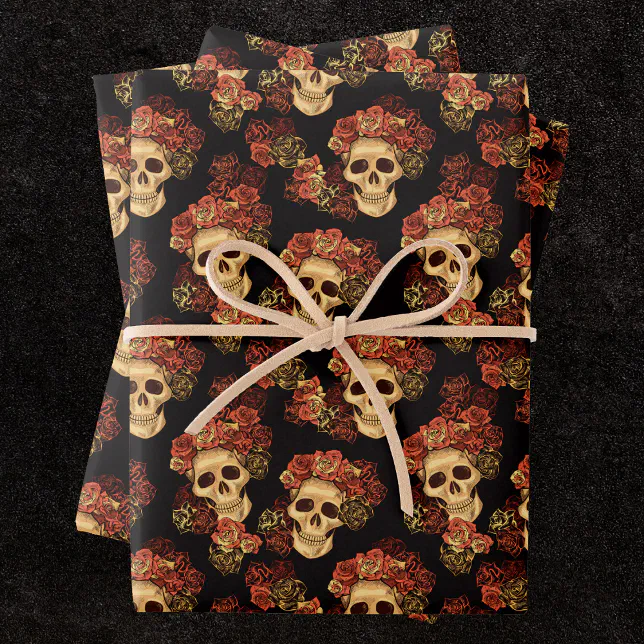 Gothic Skull Red Rose Black Halloween Pattern Wrapping Paper Sheets ...