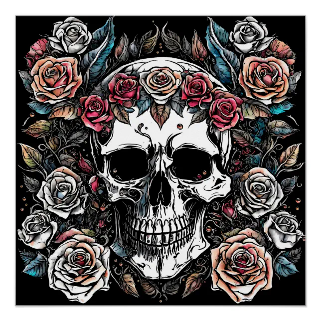 Gothic : Skull & Roses. AI artwork Poster | Zazzle